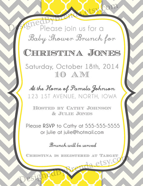 Grey Chevron and Yellow Quatrefoil Wedding or Baby Shower Invitations ...