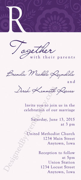 Purple Wedding Invitation with Letter Initial on Floral Background ...