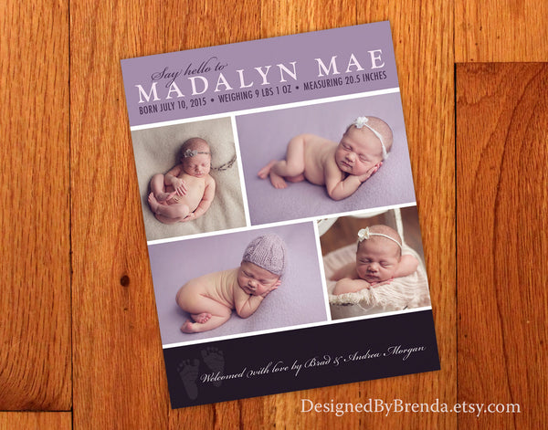 Vertical Birth Announcement with 4 Pictures - Purple – Designed By Brenda